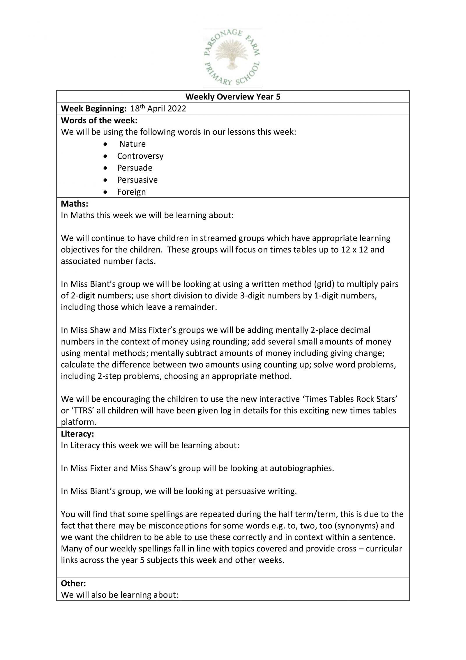 Year 5 Weekly Overview WB 18th April 2022 - Parsonage Farm Primary School